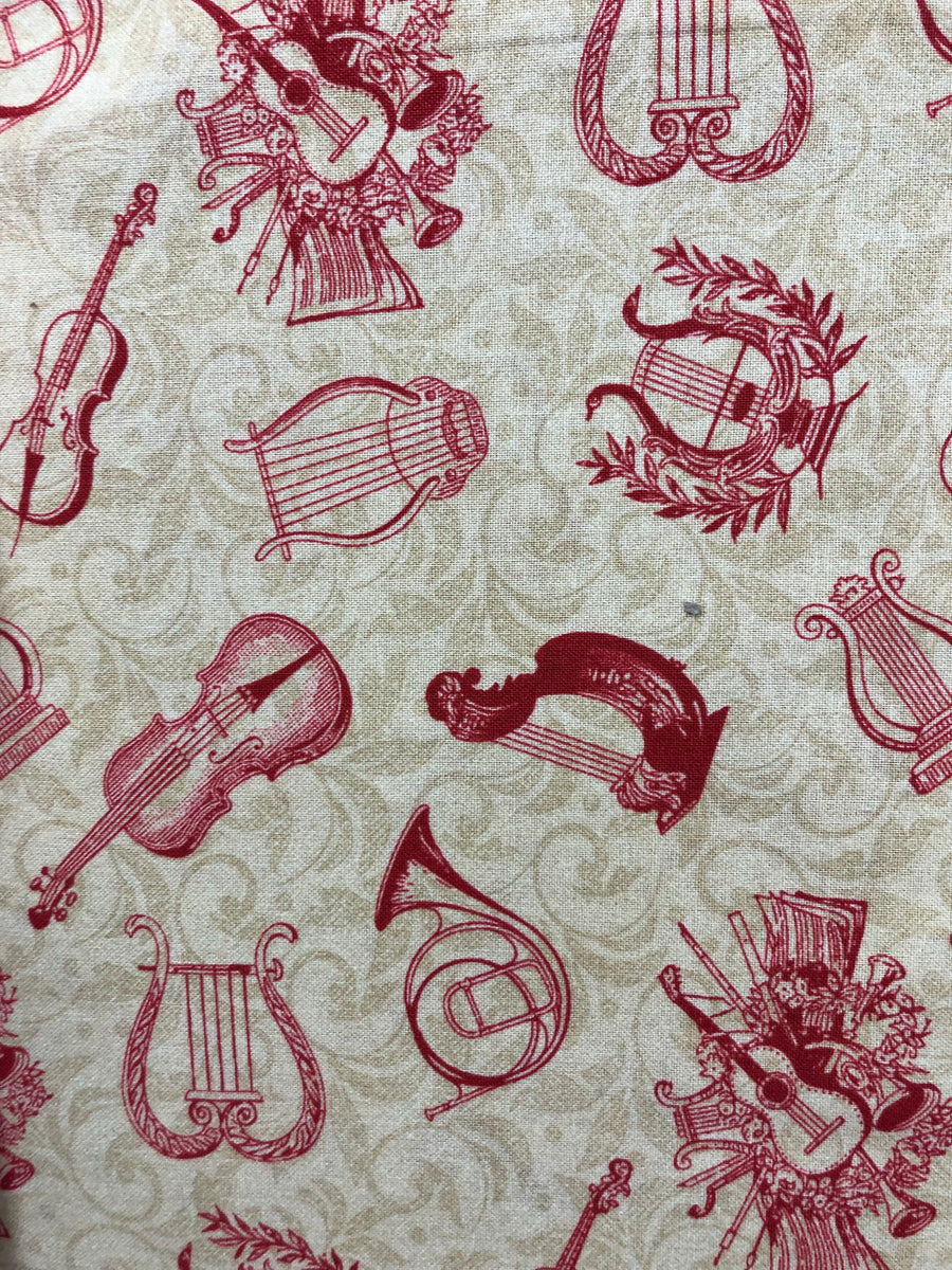 Red/maroon music instruments on old gold background(sold in 25cm units